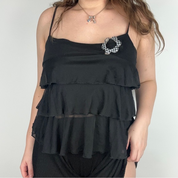 Othr | Tops | Y2k Black Ruffled Tank With Black And White Flower | Poshmark